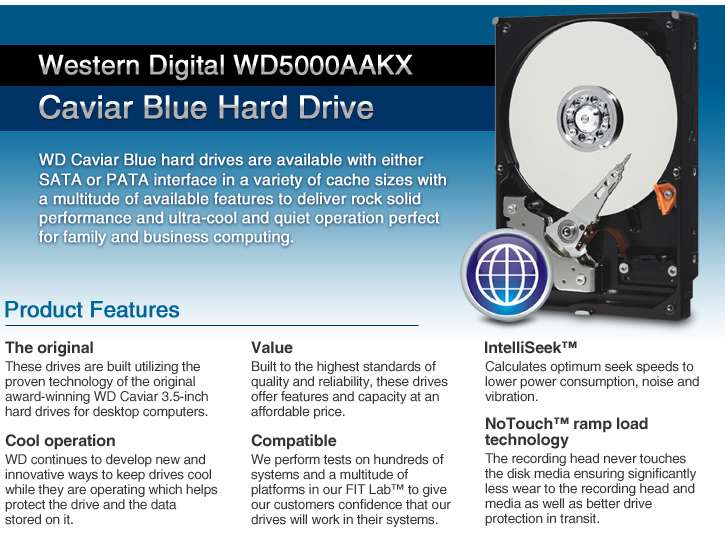 Western Digital Caviar Blue 500GB 3.5" SATA 6.0Gb/s Internal Hard Drive -Bare Drive: WD5000AAKX ...